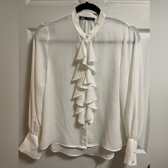 Zara | Tops | Zara White Sheer Top With Ruffle Trim | Poshmark